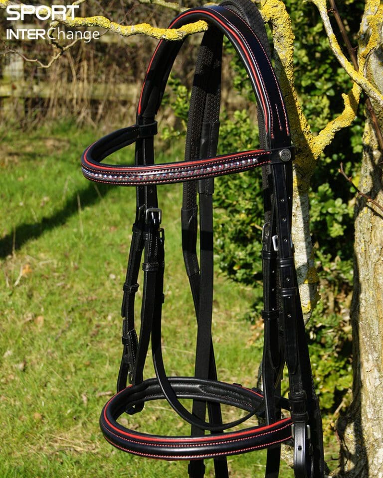 Pink Equine Black Leather Full size bridle with red piping