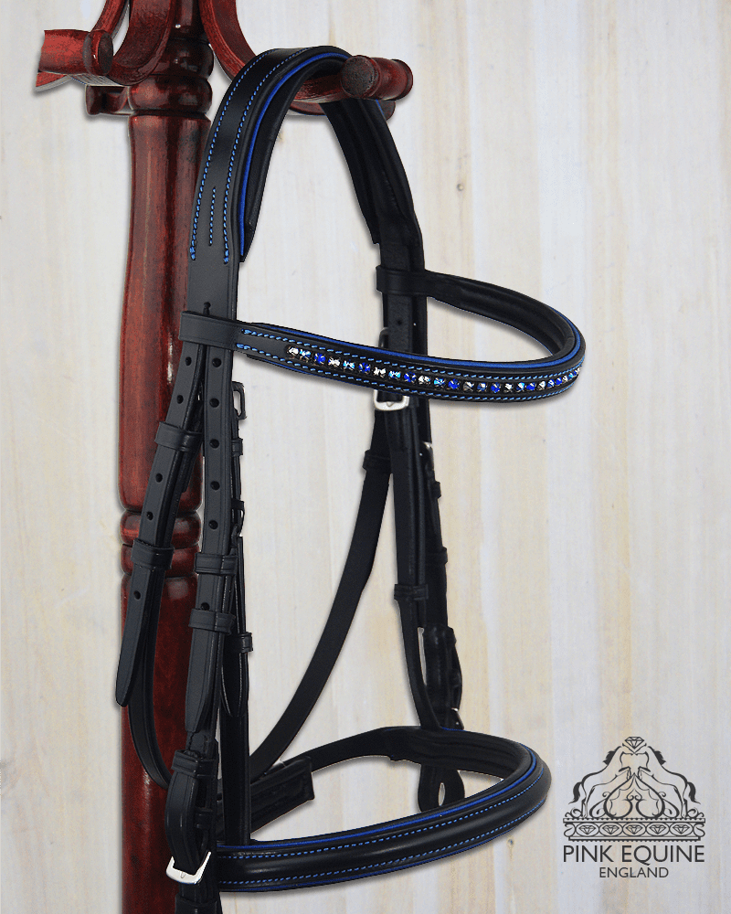 Black Leather Plain Pony Bridle Royal Blue Piping