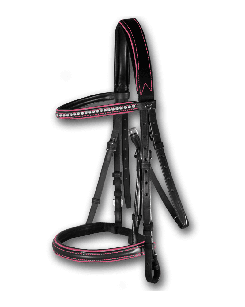 Black leather English cob bridle with hot pink piping