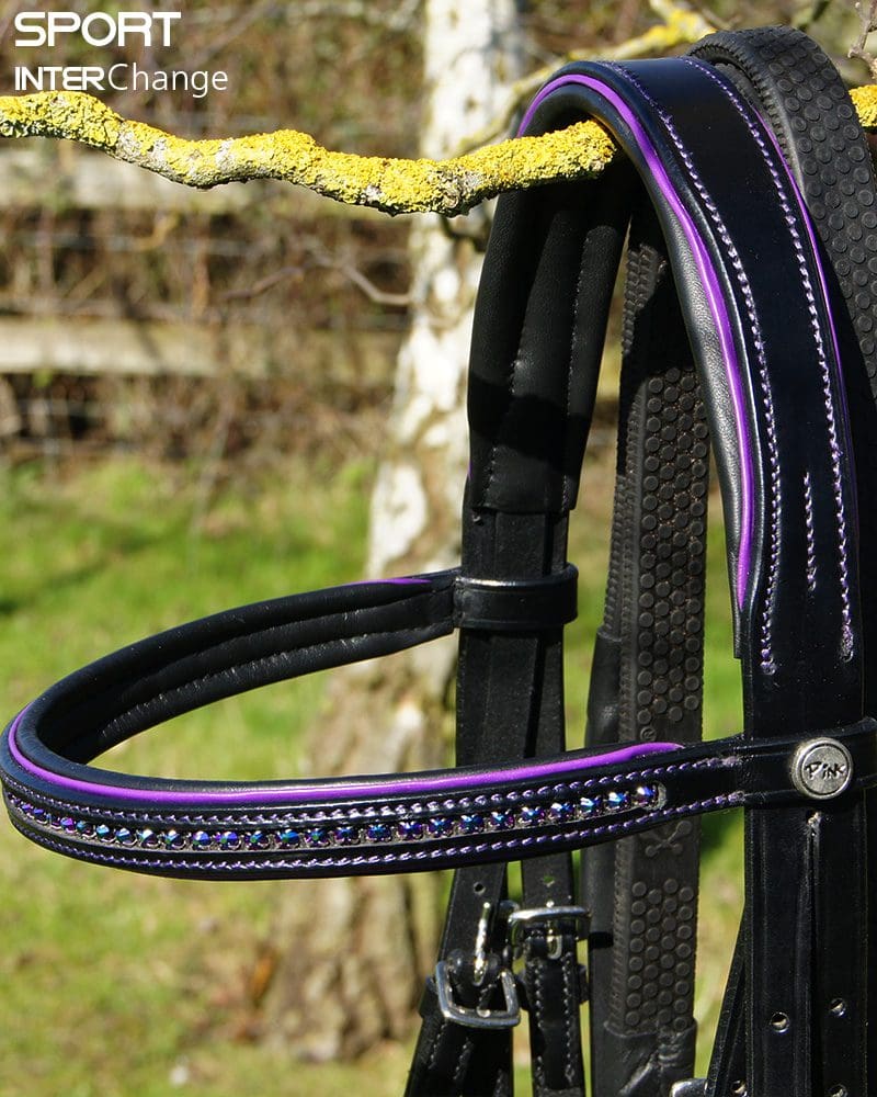 Pink Equine Black Leather Bridle with Violet Piping