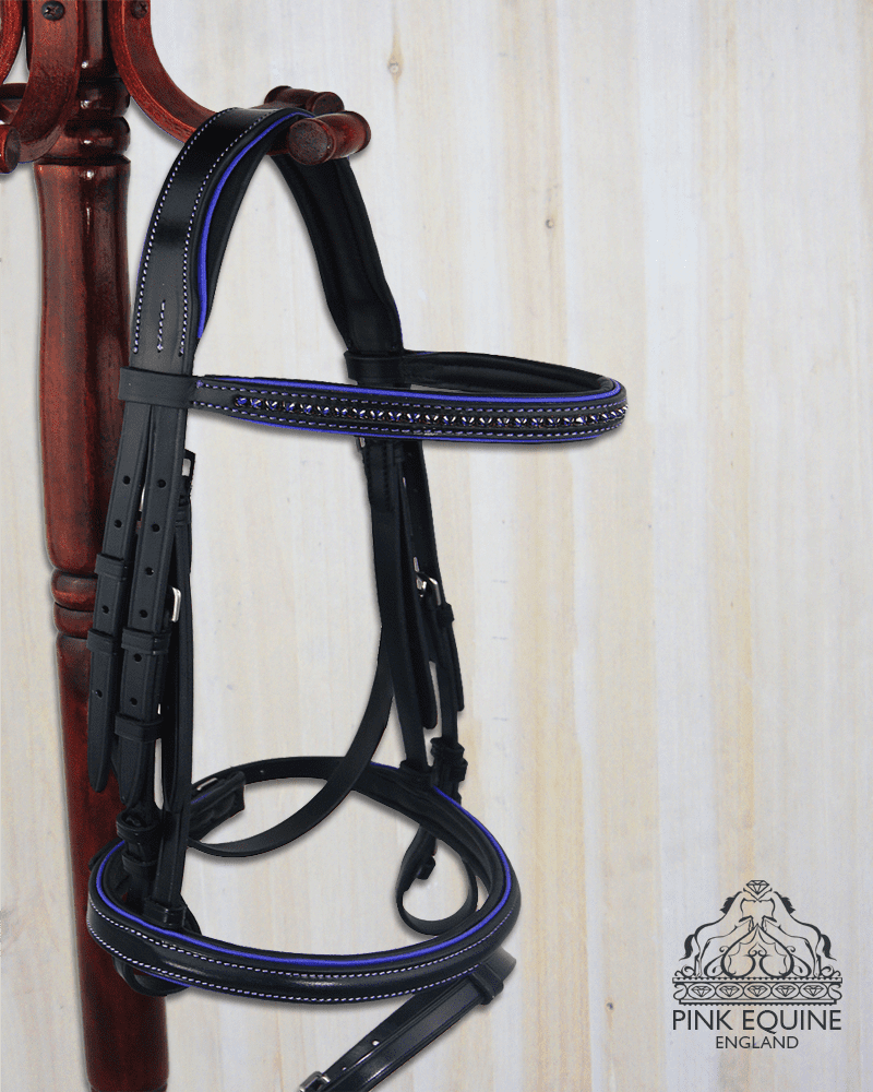 Pony Bridle – Black Leather Crystal English Flash -purple piping | Pink ...