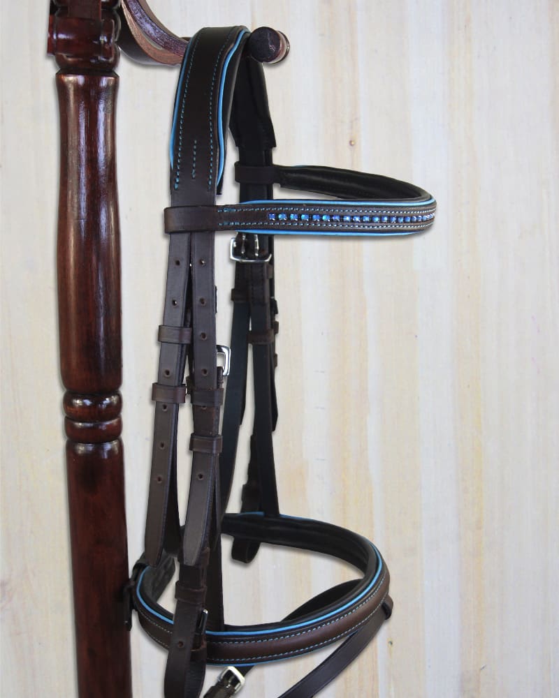 Pony Flash Bridle – Brown Leather with Atlantic Blue Piping | Pink Equine