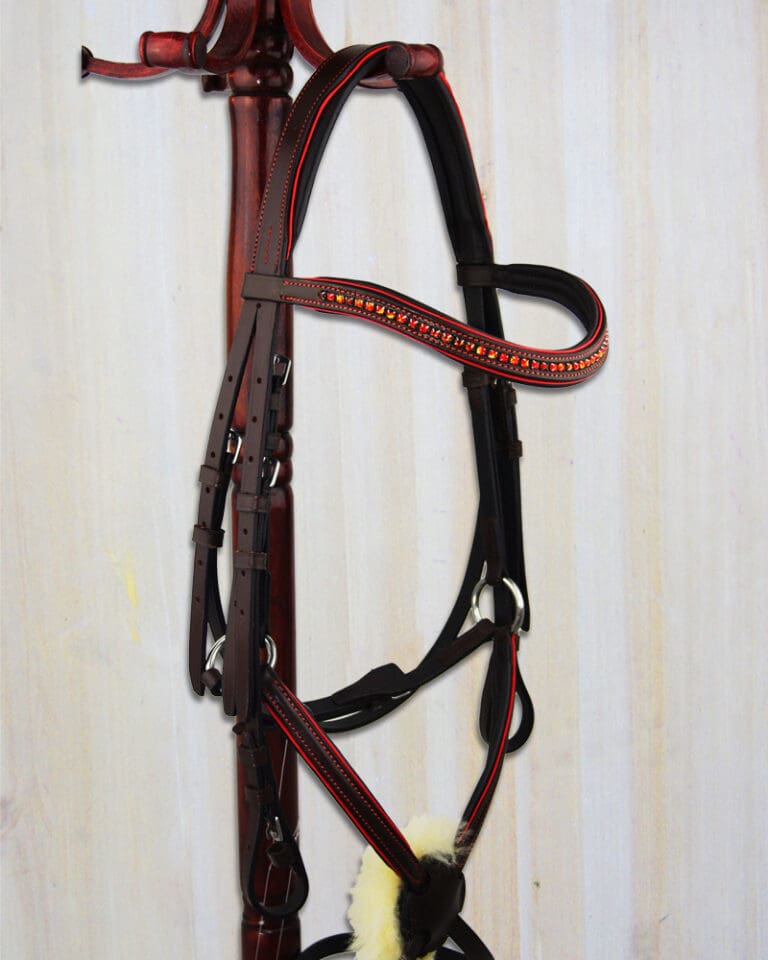 Full Bridle - Brown Leather Crystal Grackle with Red Piping | Pink Equine