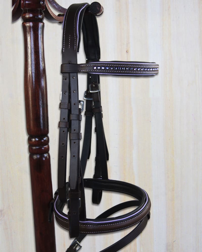 Pony Bridle - Brown Leather Crystal English Flash -Lilac piping | Pink ...